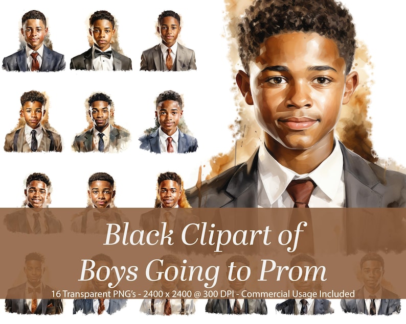 Watercolor African American Teen Boys Prom Clipart (PNG) - Etsy