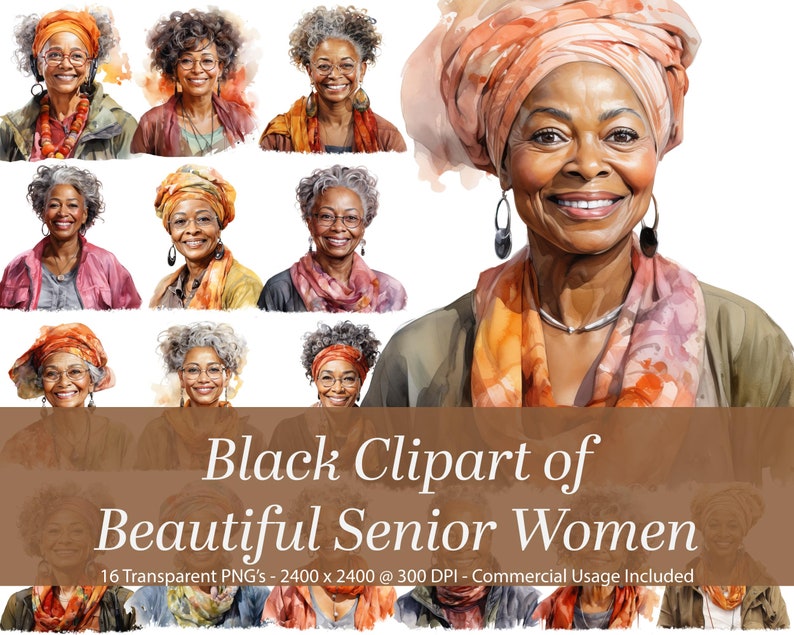 Watercolor African American Senior Women Clipart: PNG Images ...