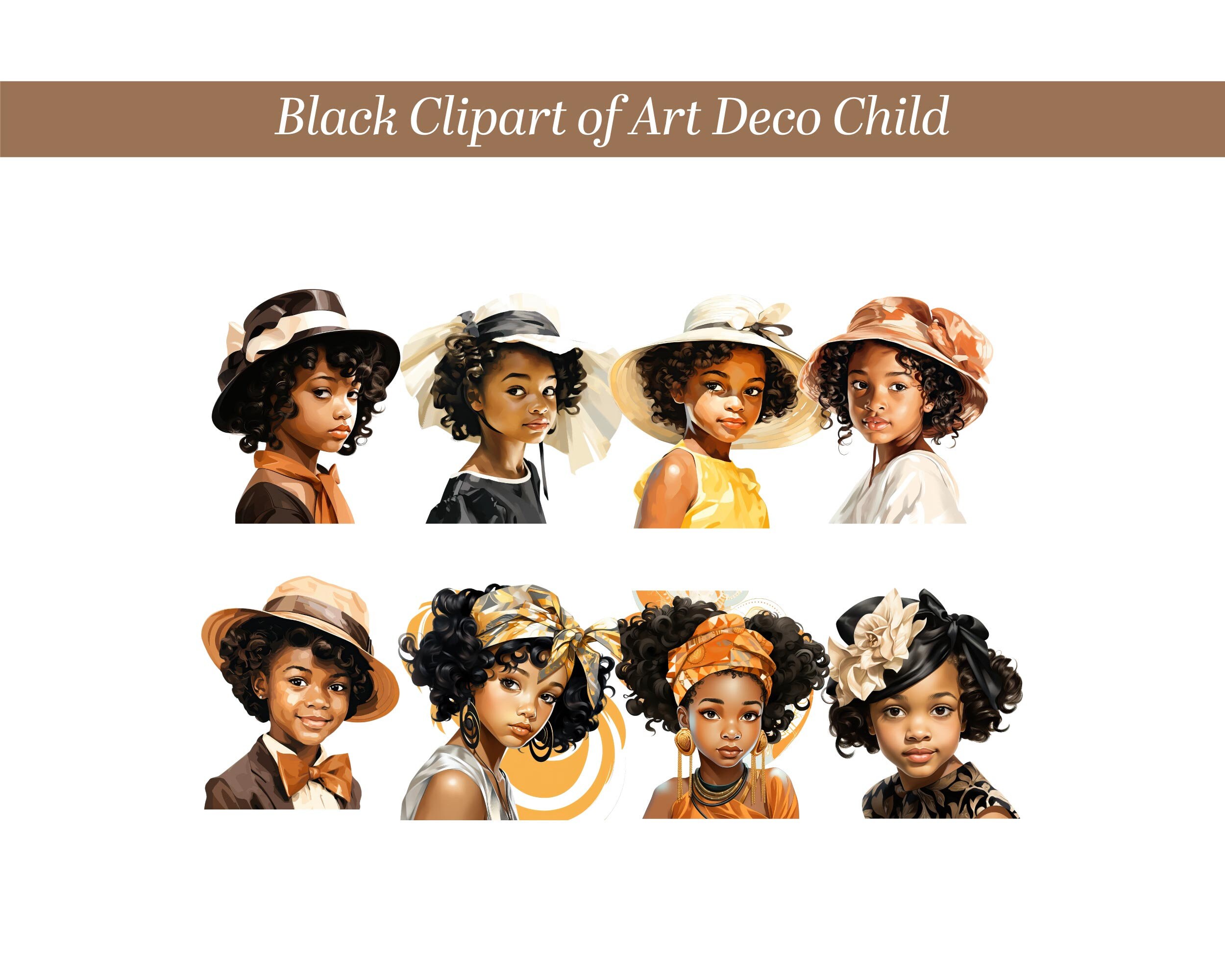 African American Art Deco Children Clipart. Beautiful Black Children ...
