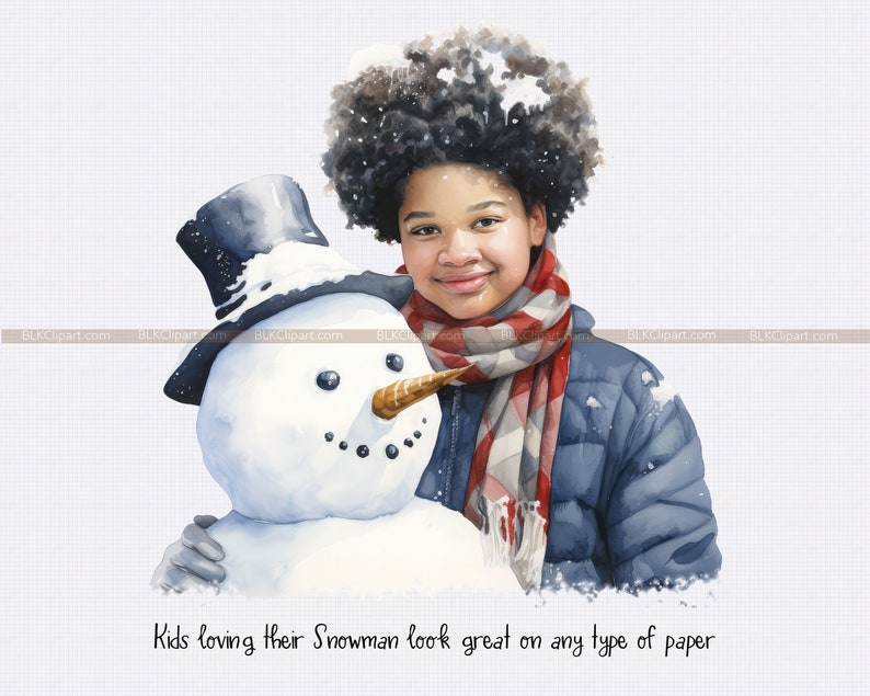 African American Kids Snowman Clipart: Watercolor Pngs (commercial Use ...