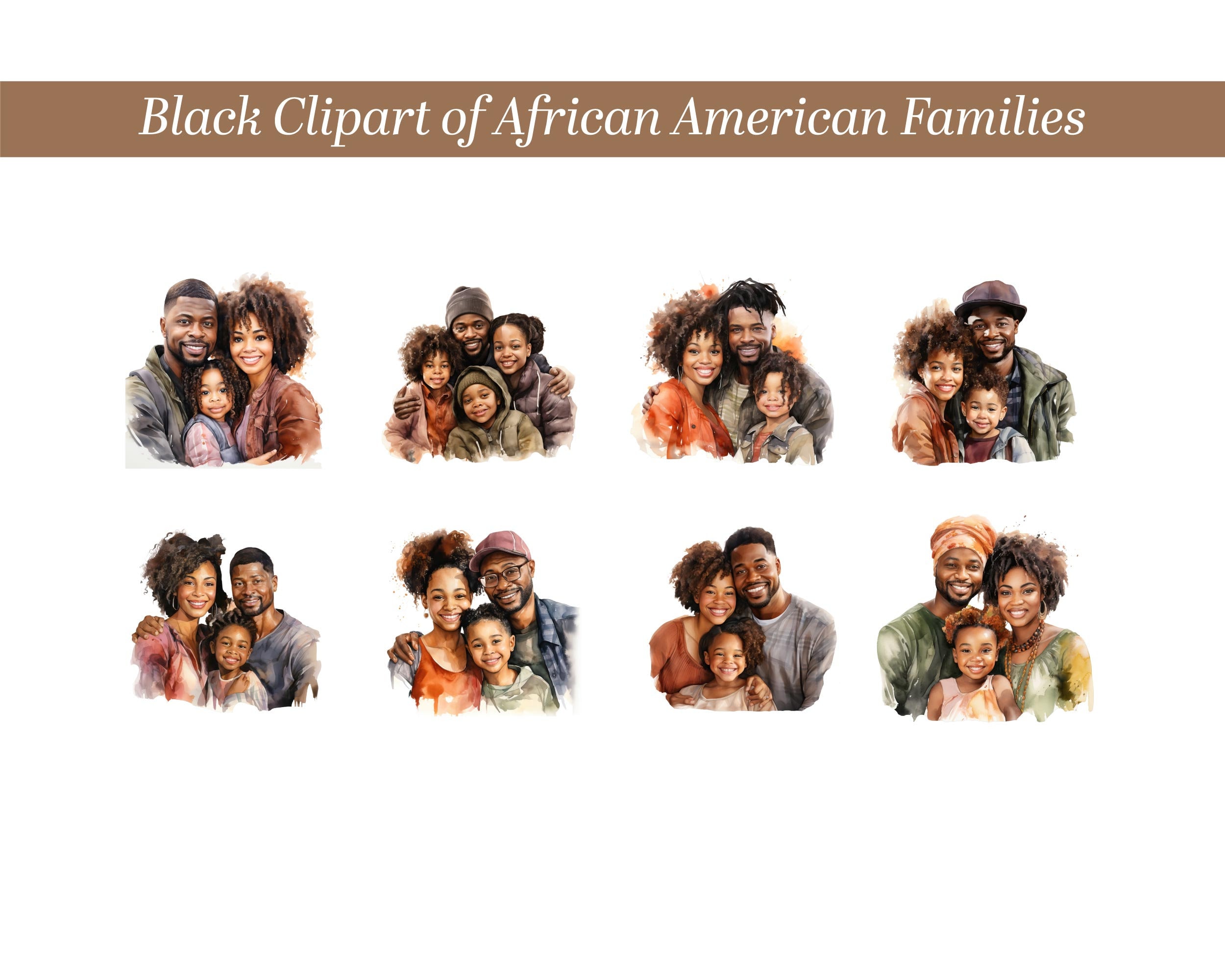 Watercolor African American Family Clipart: Transparent PNG (commercial ...