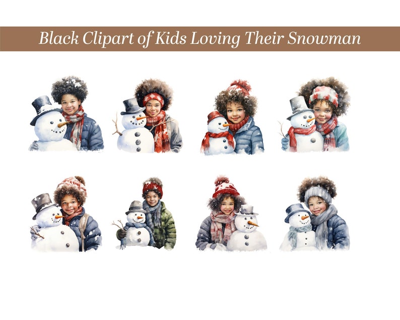 African American Kids Snowman Clipart: Watercolor Pngs (commercial Use ...