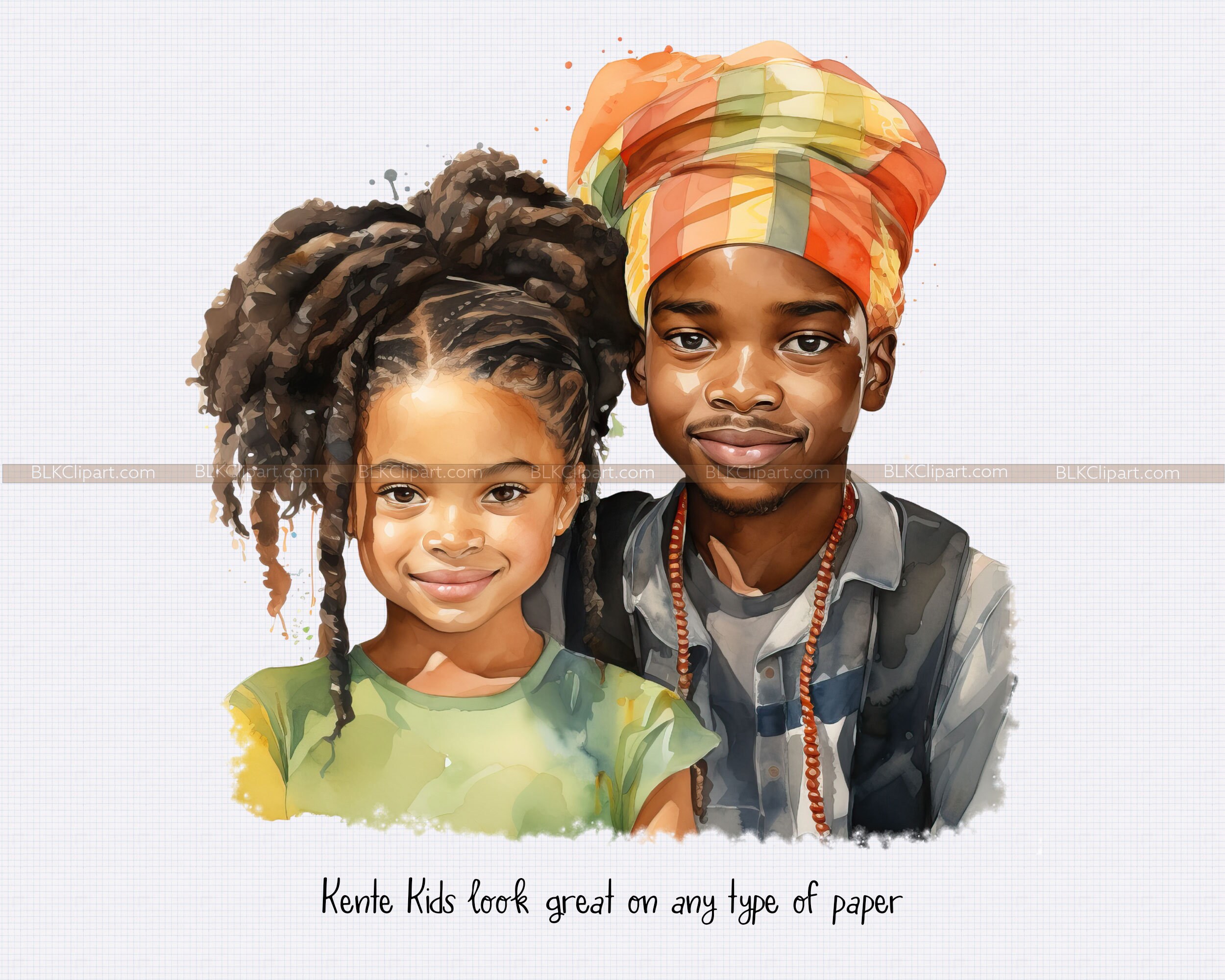 Kente Cloth African American Kids Watercolor Clipart (digital Download ...