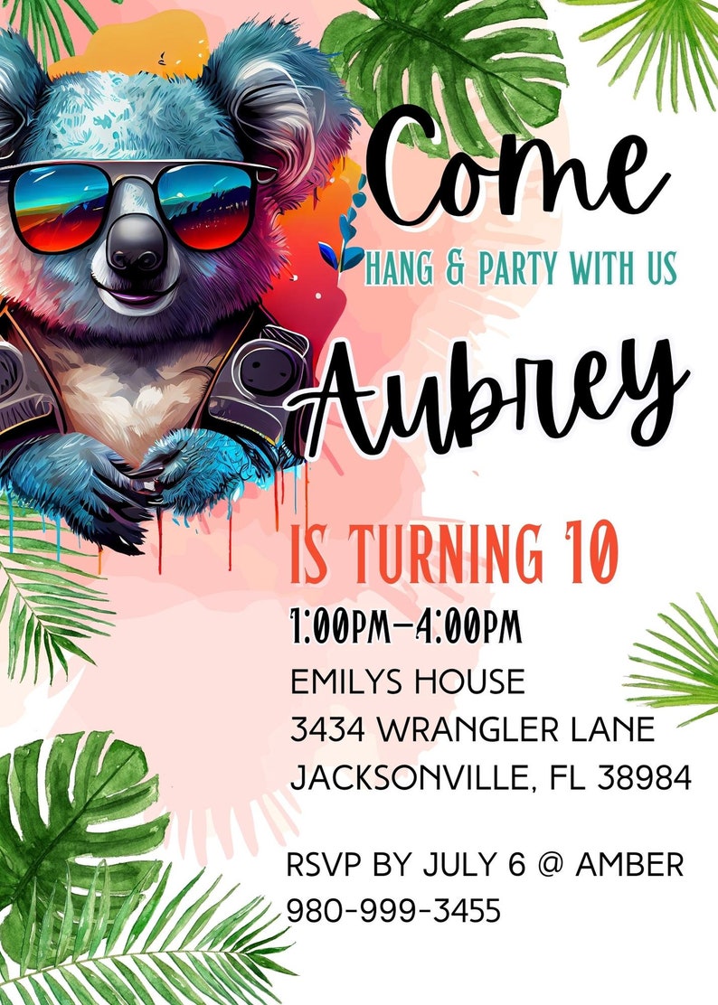 Koala Birthday Party Invitation, Koala Invite Template, Koala Birthday ...