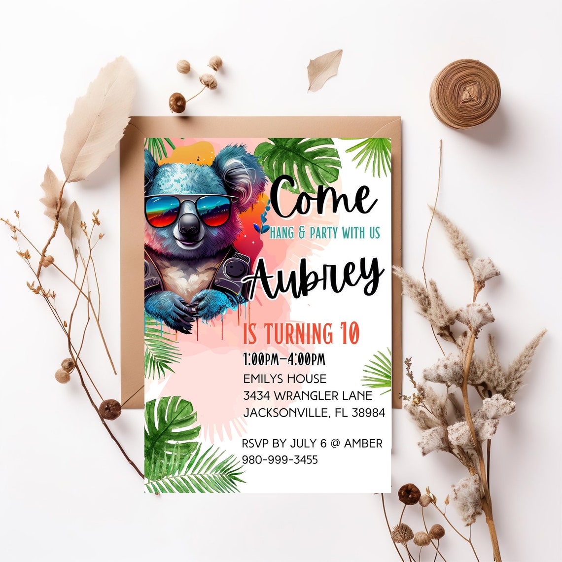 Koala Birthday Party Invitation, Koala Invite Template, Koala Birthday ...