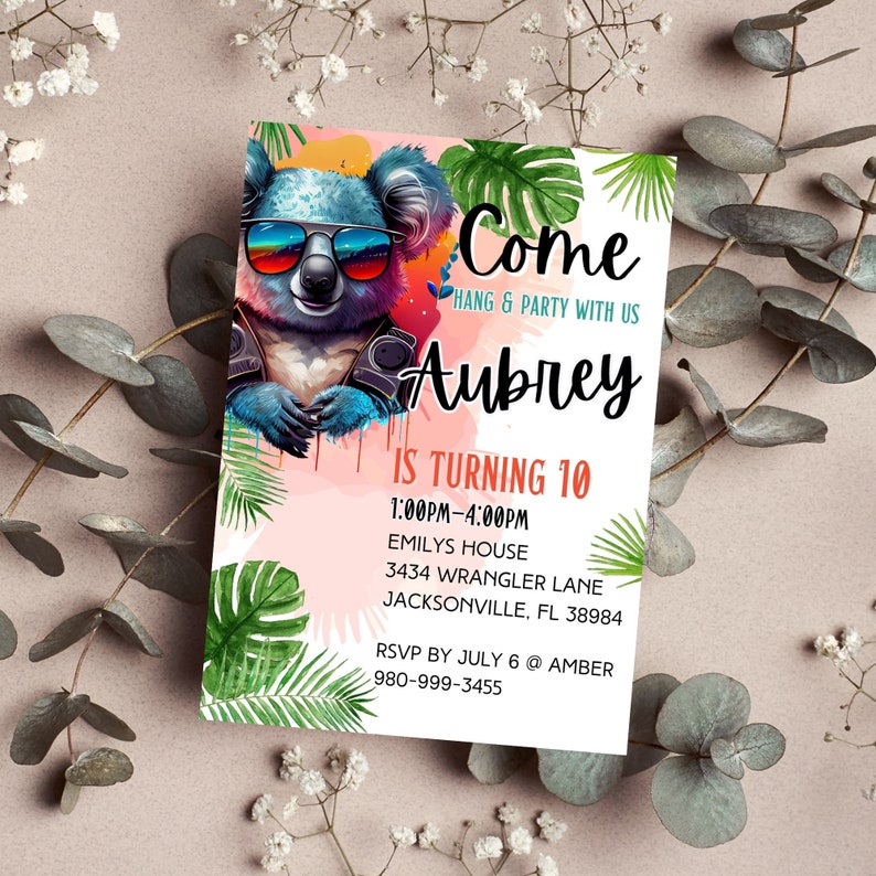 Koala Birthday Party Invitation, Koala Invite Template, Koala Birthday ...