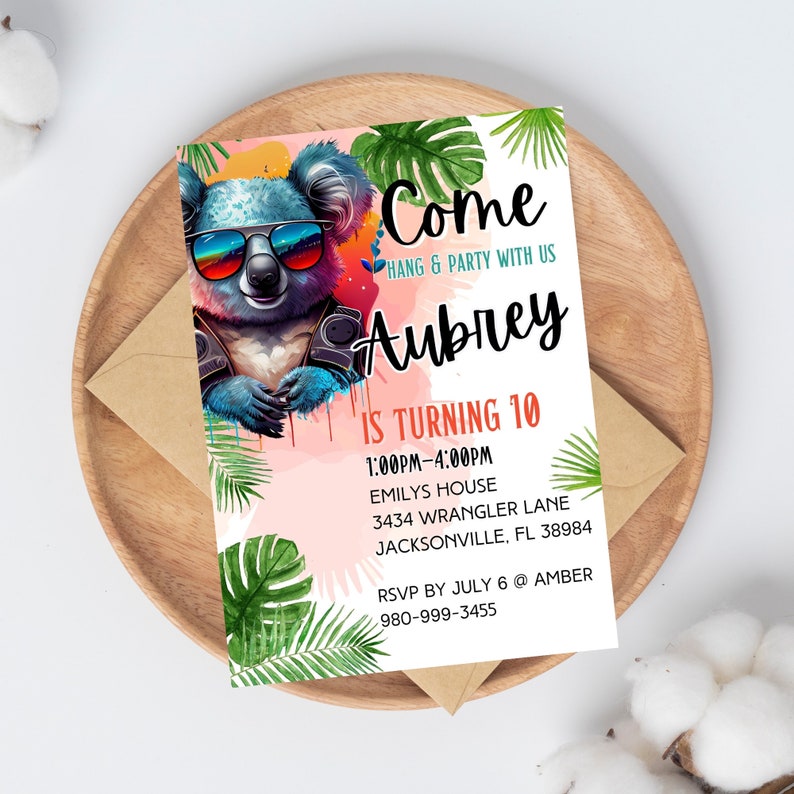 Koala Birthday Party Invitation, Koala Invite Template, Koala Birthday ...