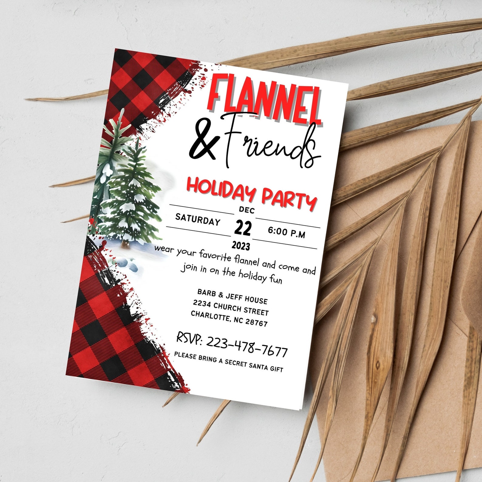 Family Flannel Party Invitation, Holiday Party Invite, Thanksgiving ...