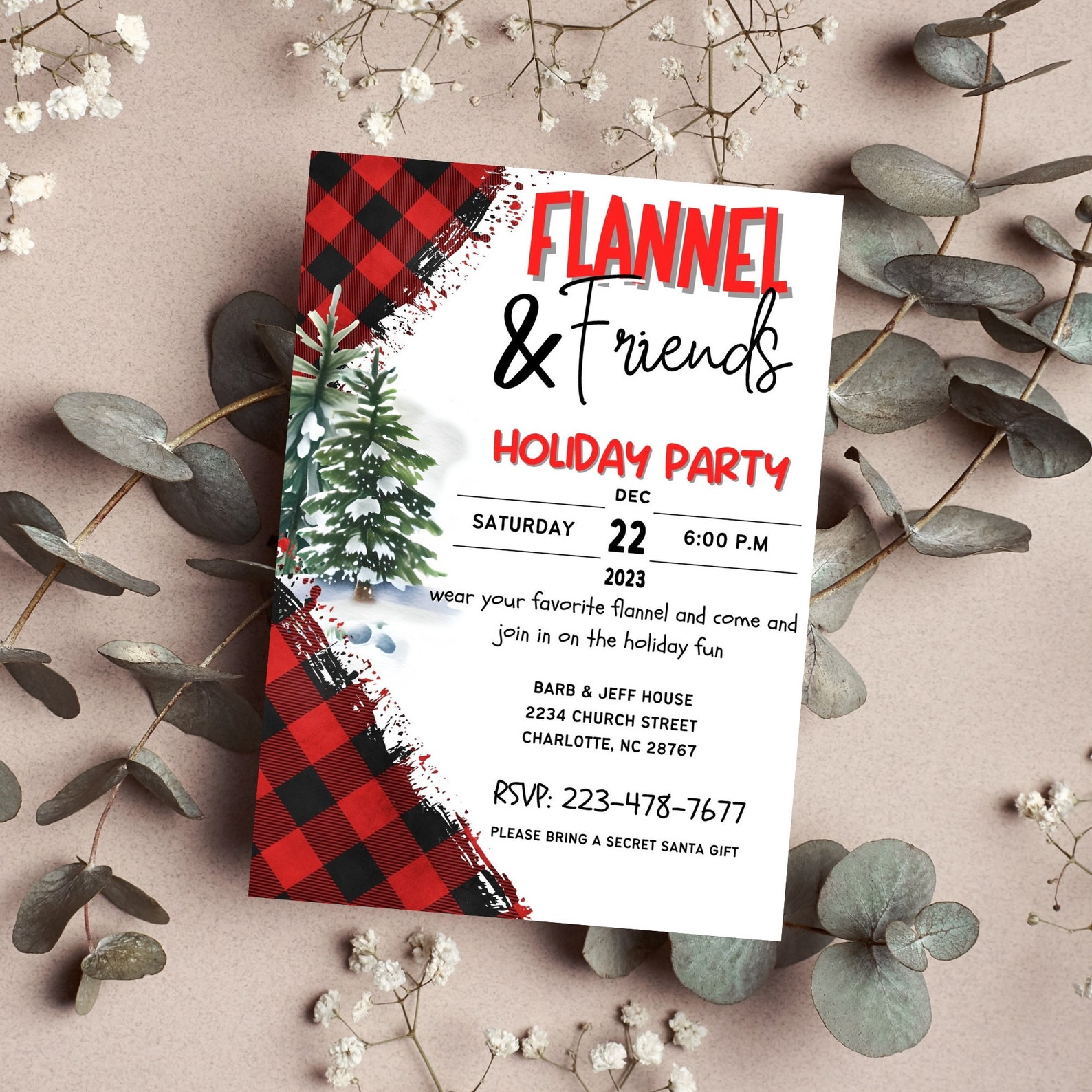 Family Flannel Party Invitation, Holiday Party Invite, Thanksgiving ...