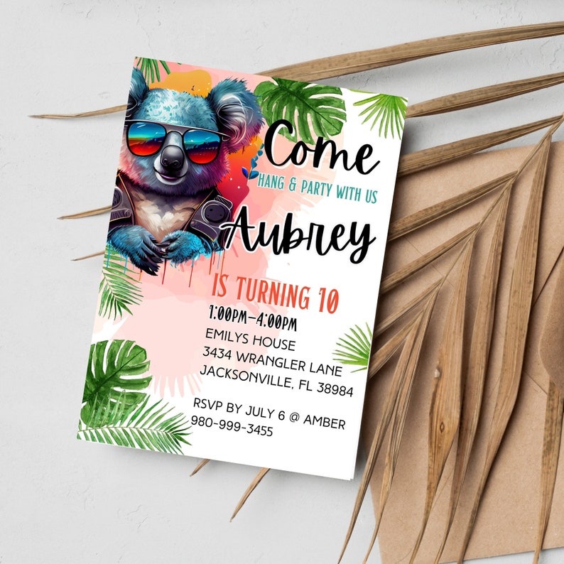 Koala Birthday Party Invitation, Koala Invite Template, Koala Birthday ...