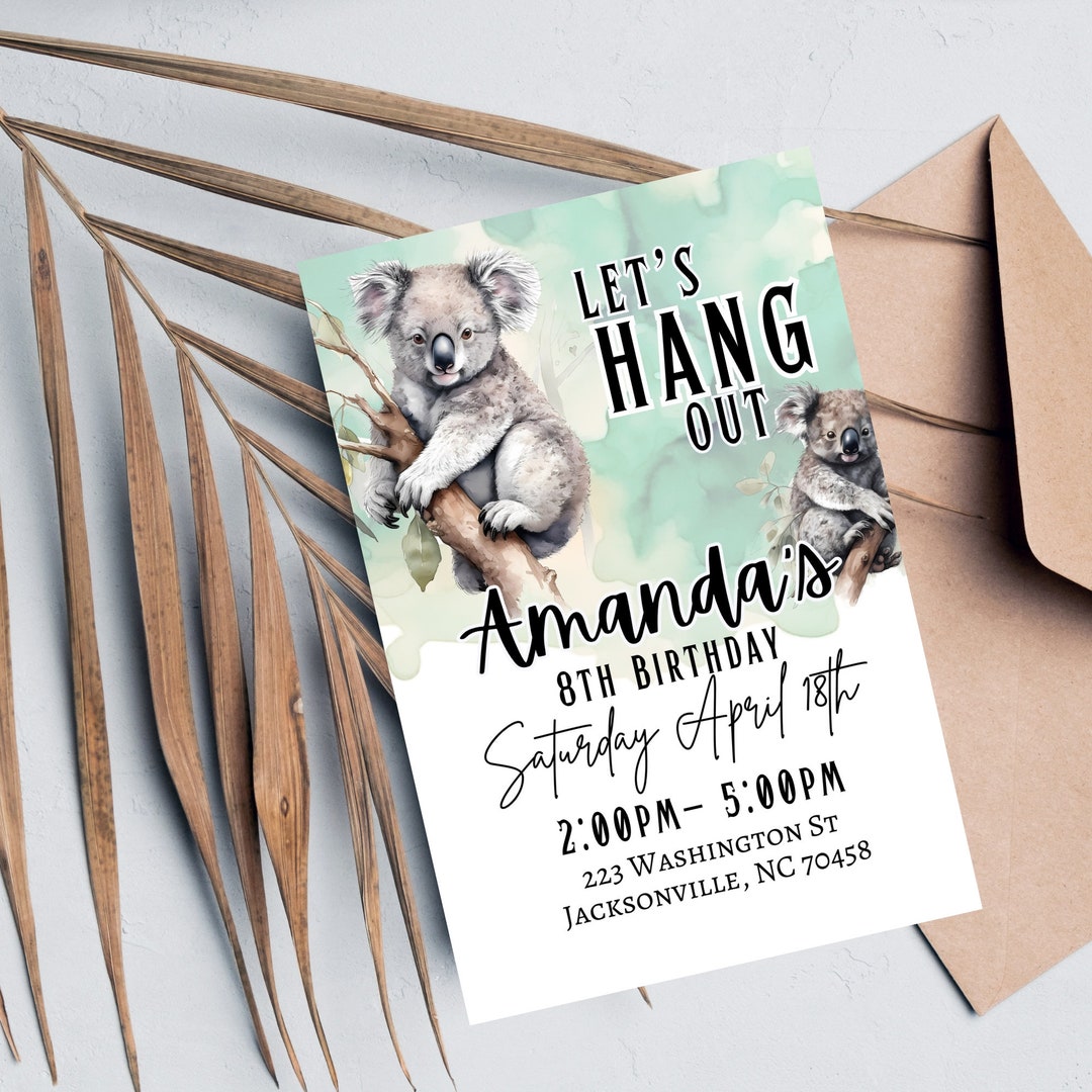 Let's Hang Out Koala Birthday Party Invitation, Jungle Birthday Invite ...