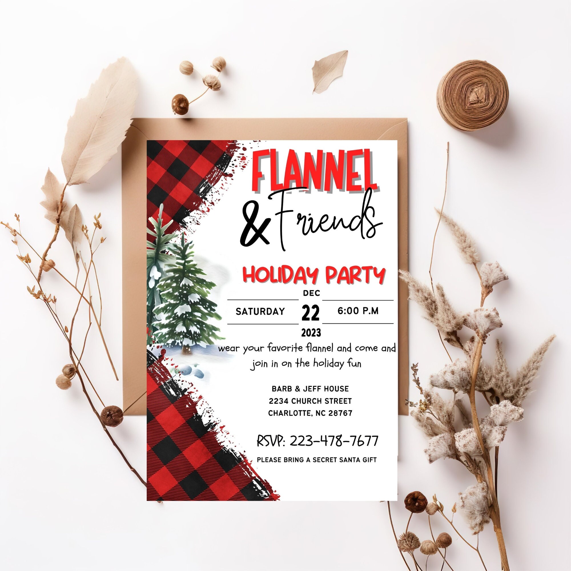 Family Flannel Party Invitation, Holiday Party Invite, Thanksgiving ...