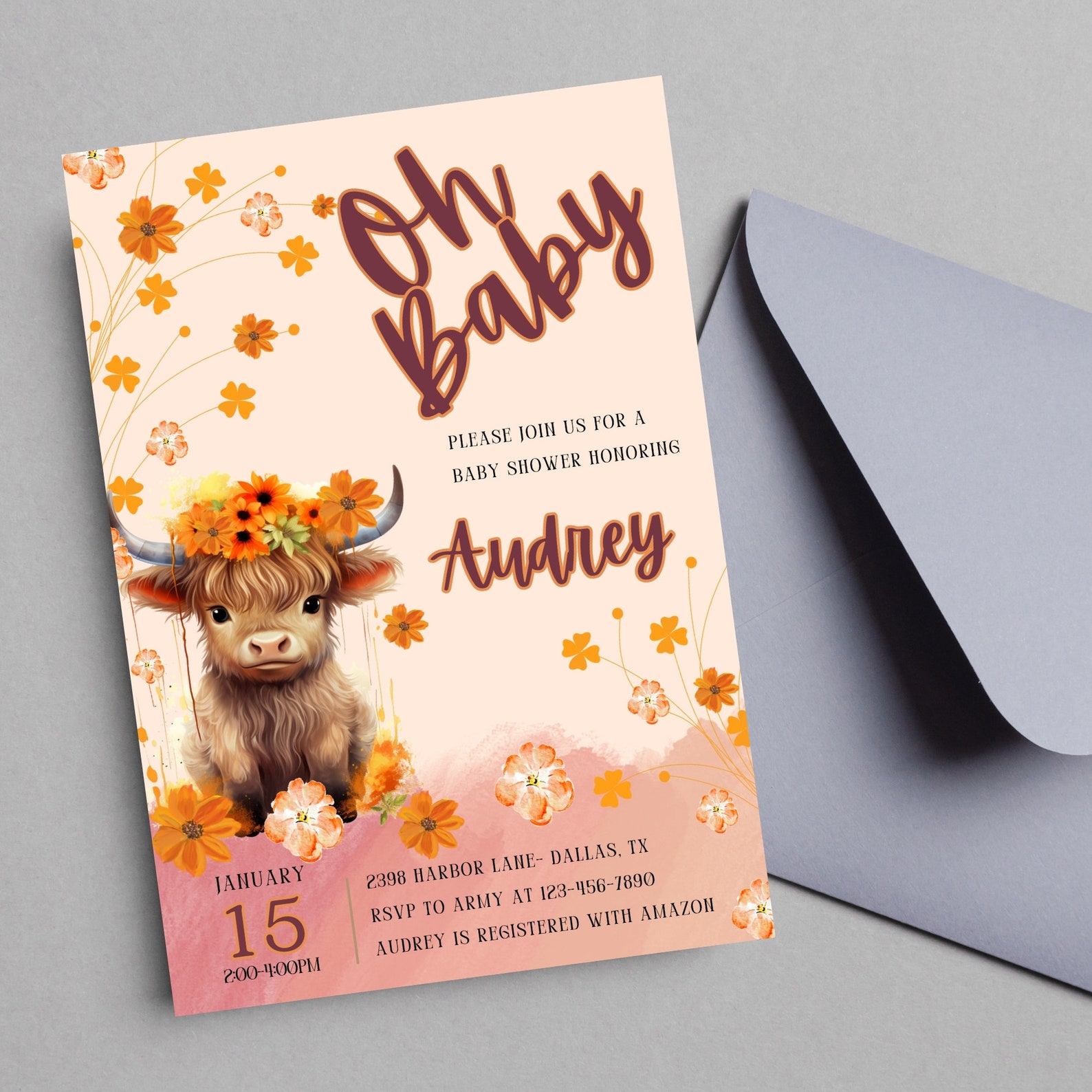 Highland Cow Baby Shower Invitation, Farm Animal Printable Invitation ...
