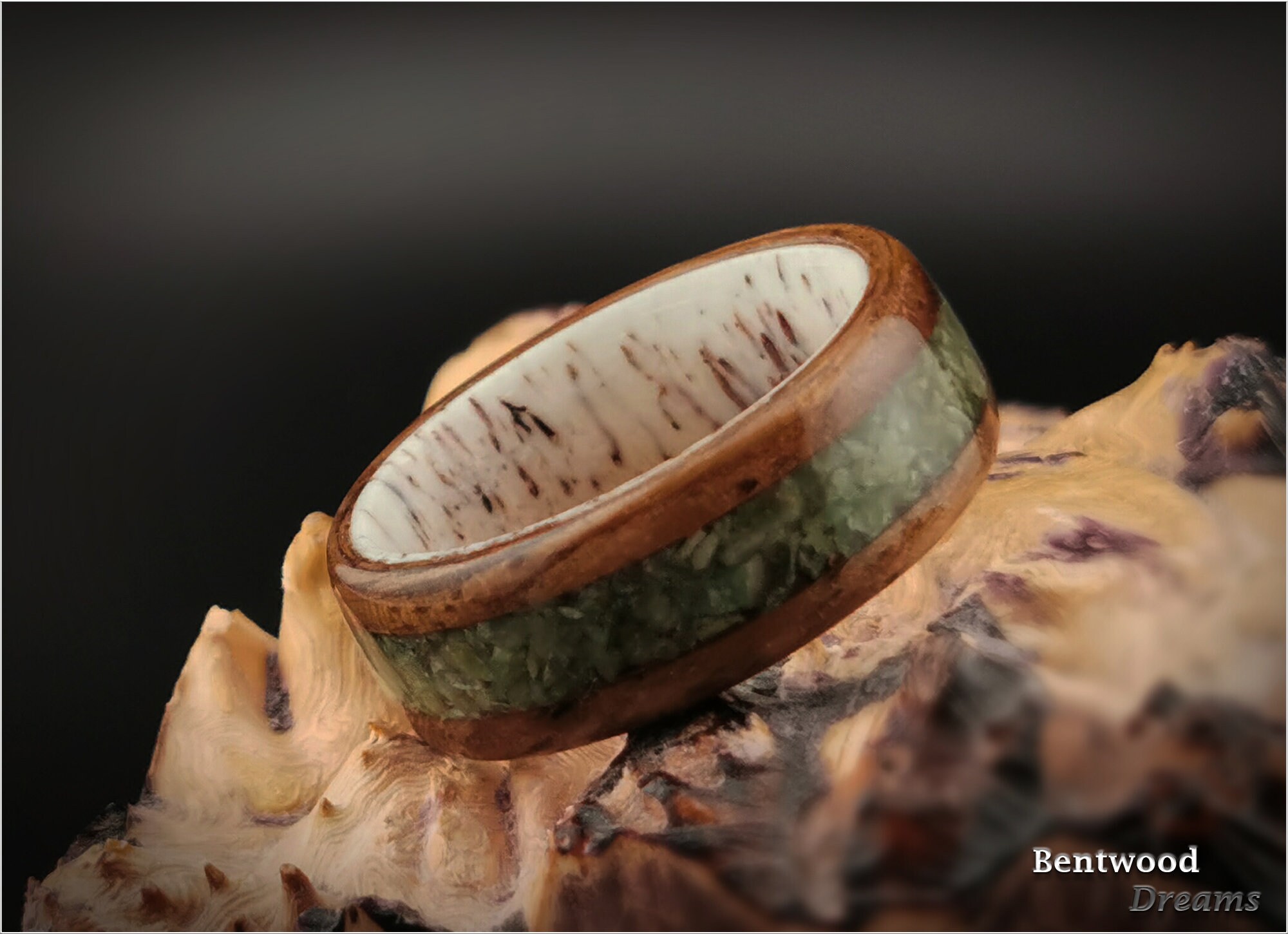 Bentwood Ring: Circassian Walnut, Inlaid Vesuvianite (californite ...