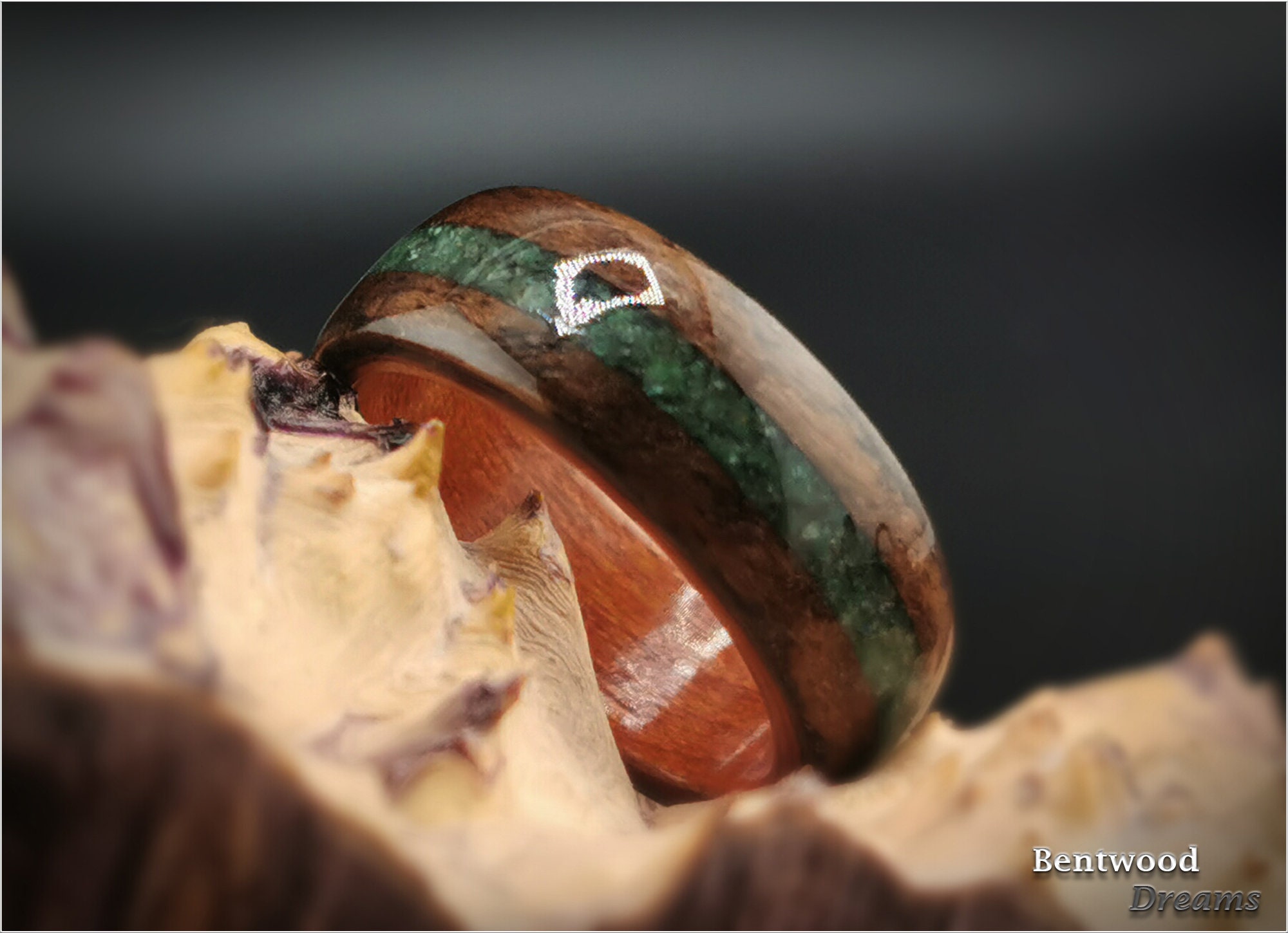 Bentwood Ring: Claro Walnut Burl Inlaid Buddstone Plum Wood - Etsy