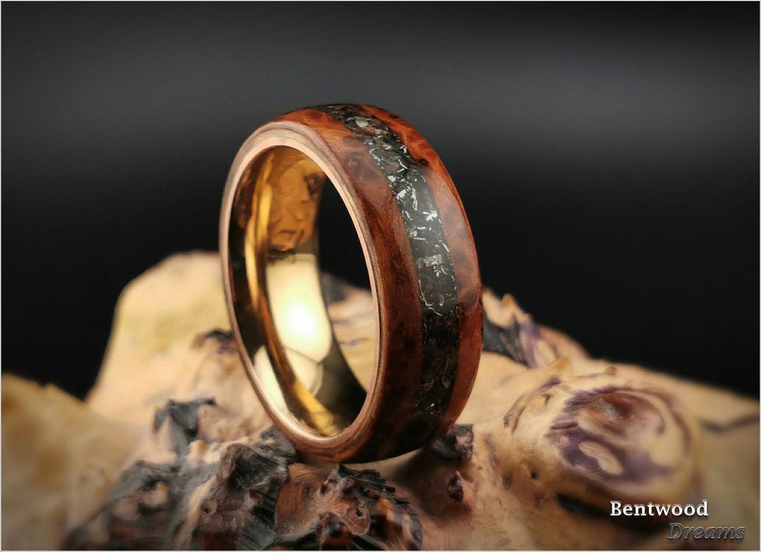 Bentwood Ring: Redwood Burl, Inlaid Brenham Meteorite, Inlaid Garnet ...