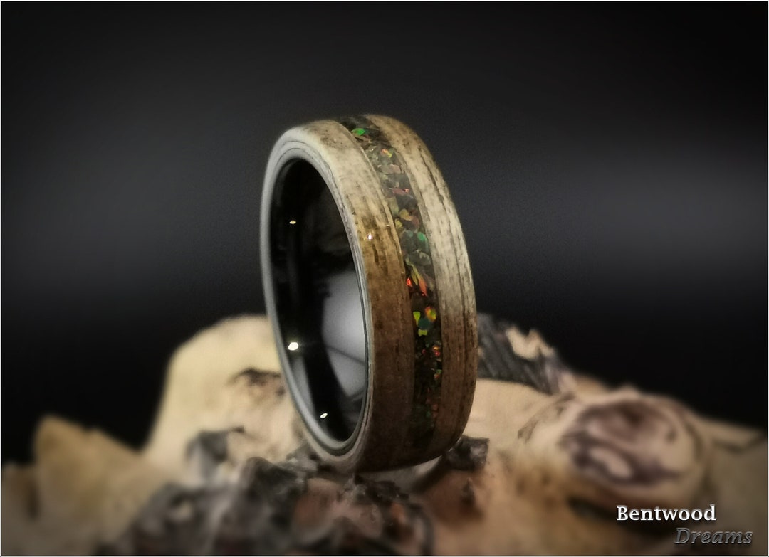 Bentwood Ring: Paldao, Inlaid Lab Cultured Opal, Polished Black Ceramic Core, Wood Ring - Etsy