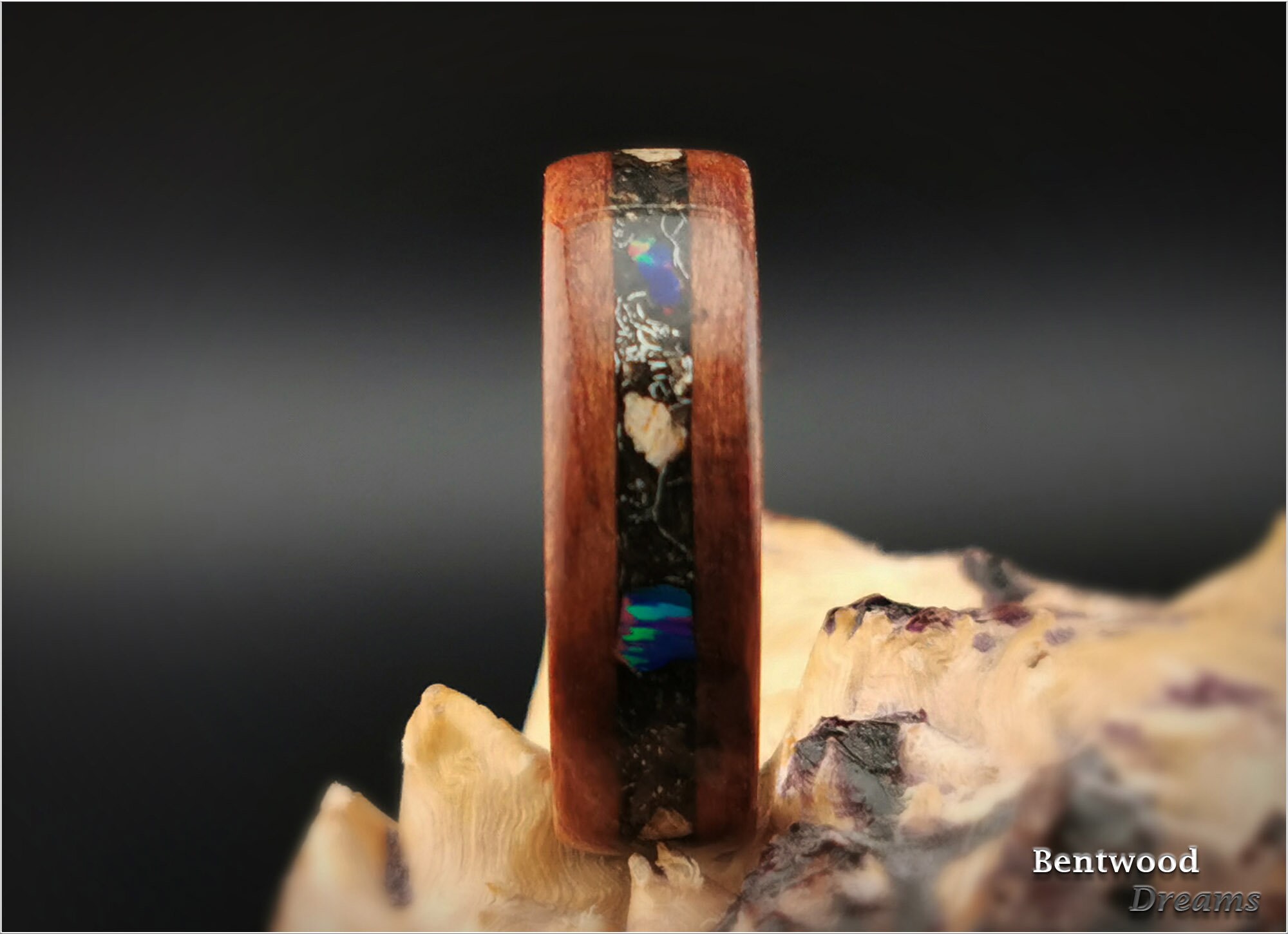 Bentwood Ring: Redwood Burl, Inlaid Fossilised Megalodon Tooth, St ...