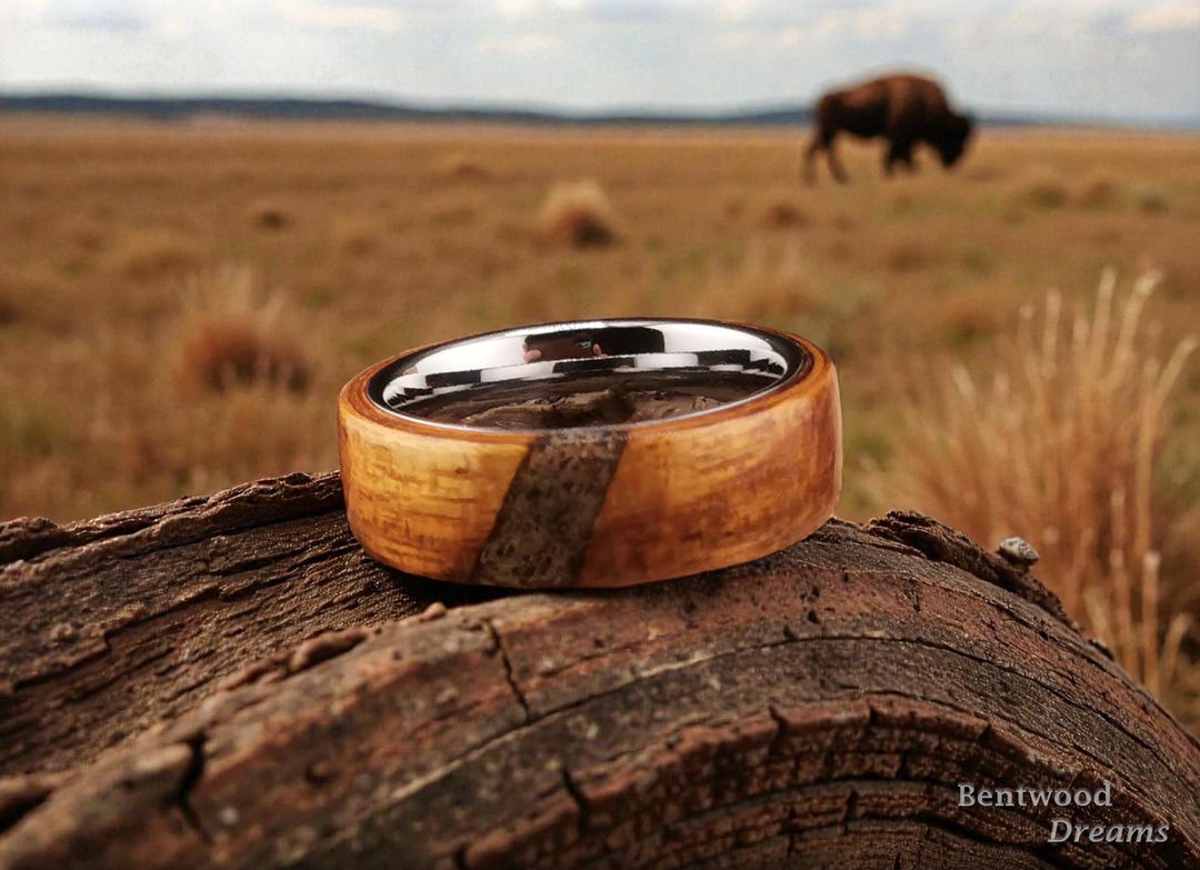Bentwood Ring: Ako, Crosscut Inlaid Bison Antiquus Bone, Polished ...