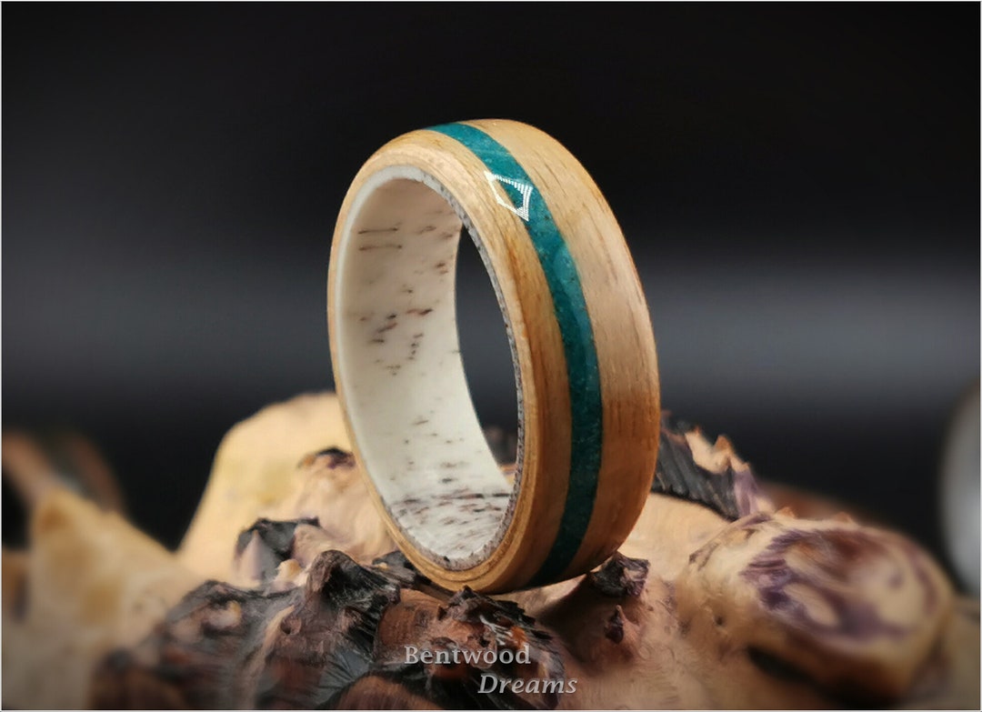 Bentwood Ring: Hickory, Offset Inlaid Dark Chrysocolla, Deer Antler ...