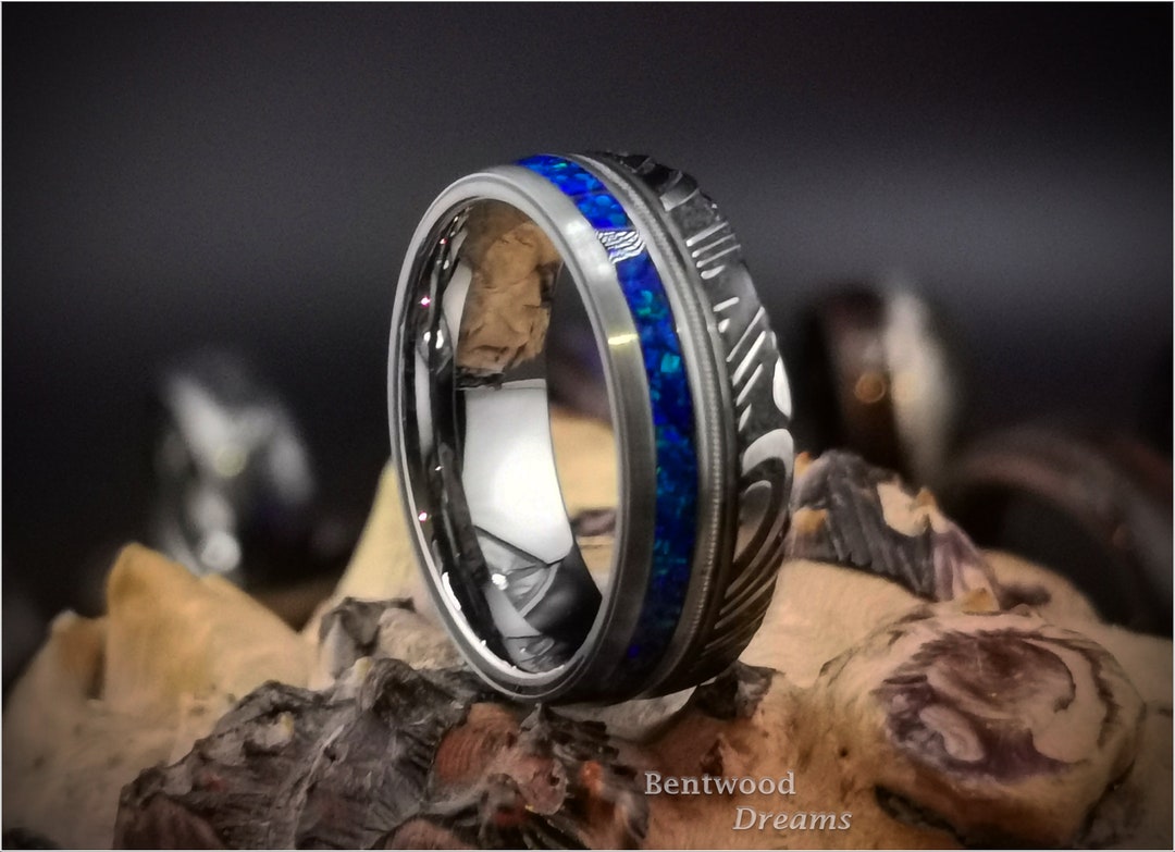 Black Damascus Steel Ring, W/inlaid Guitar String and Lab Opal, Metal ...