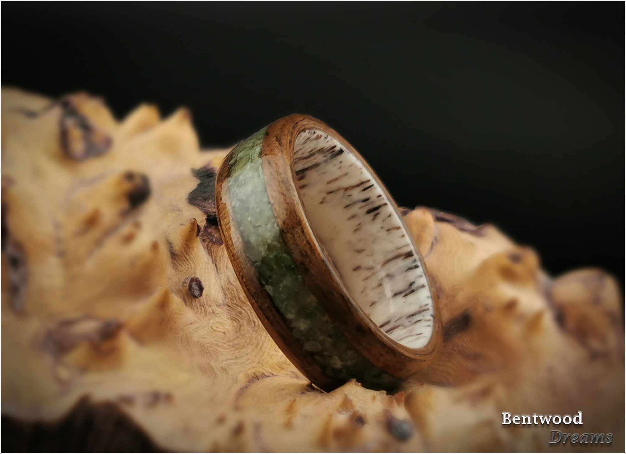 Bentwood Ring: Circassian Walnut, Inlaid Vesuvianite californite, Deer ...