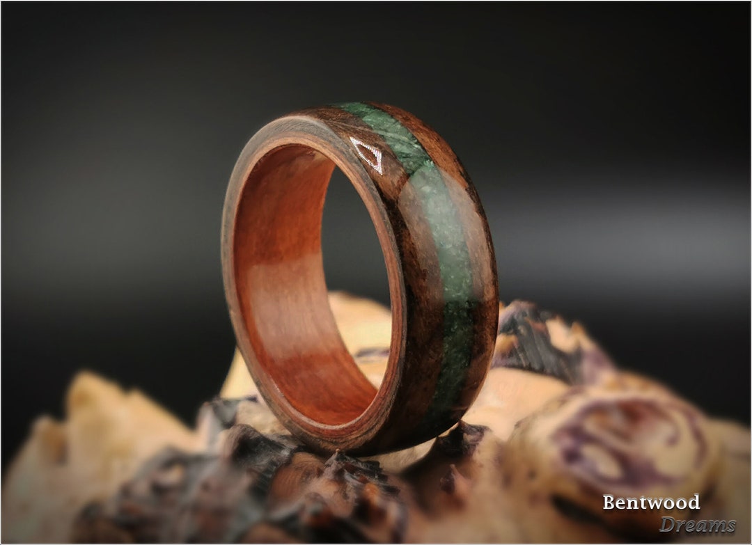 Bentwood Ring: Claro Walnut Burl, Inlaid Buddstone, Plum Wood Core ...