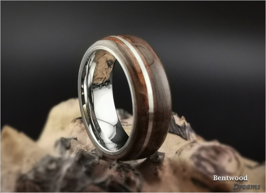 Bentwood Ring: Curly Walnut, Inlaid Quartersawn Etimoe, Inlaid 925 ...