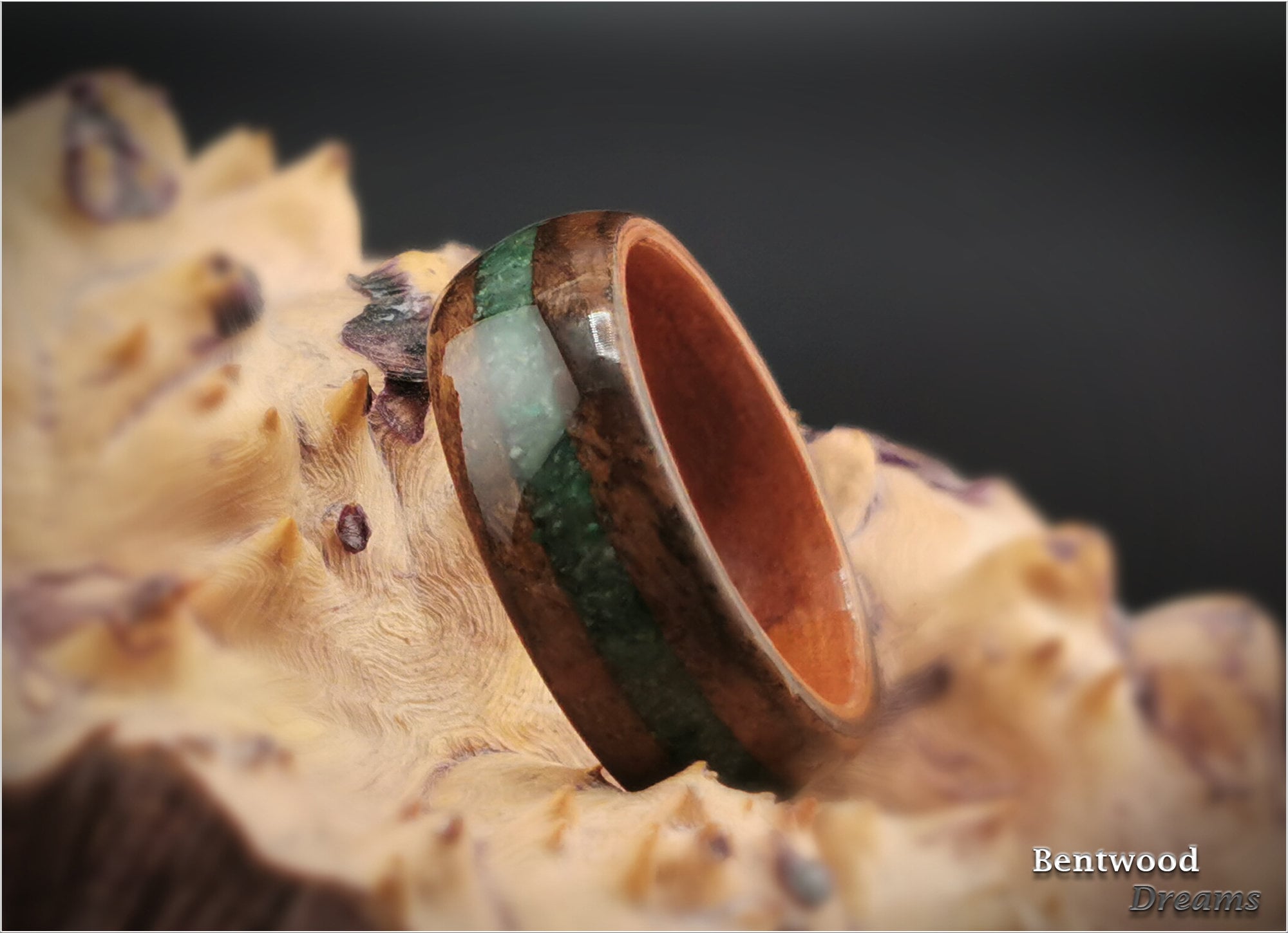 Bentwood Ring: Claro Walnut Burl Inlaid Buddstone Plum Wood - Etsy