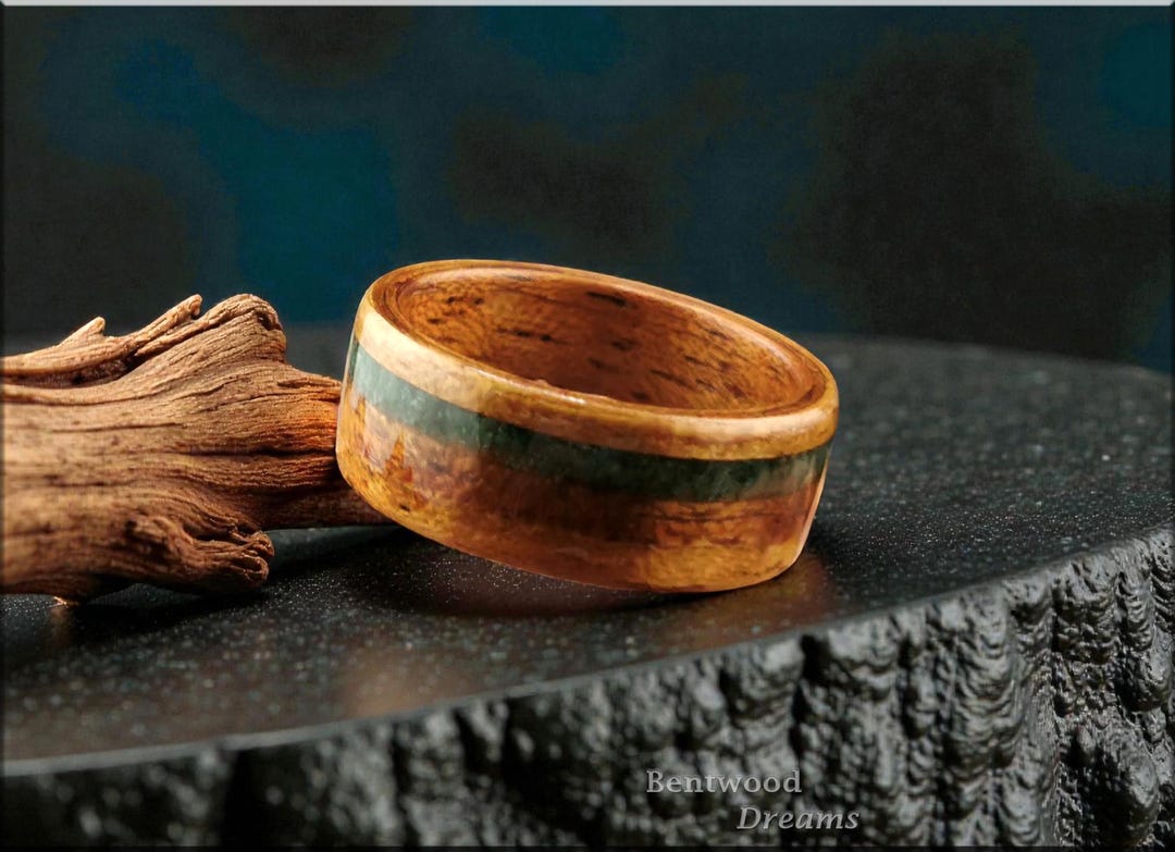 Bentwood Ring: Quartersawn Etimoe, Offset Inlaid Buddstone, Wood Ring ...