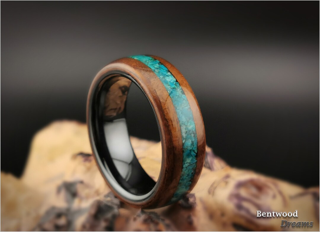 Bentwood Ring: Fumed Aspen, Inlaid Dark Chrysocolla, Polished Black Ceramic Core, Wood Ring - Etsy