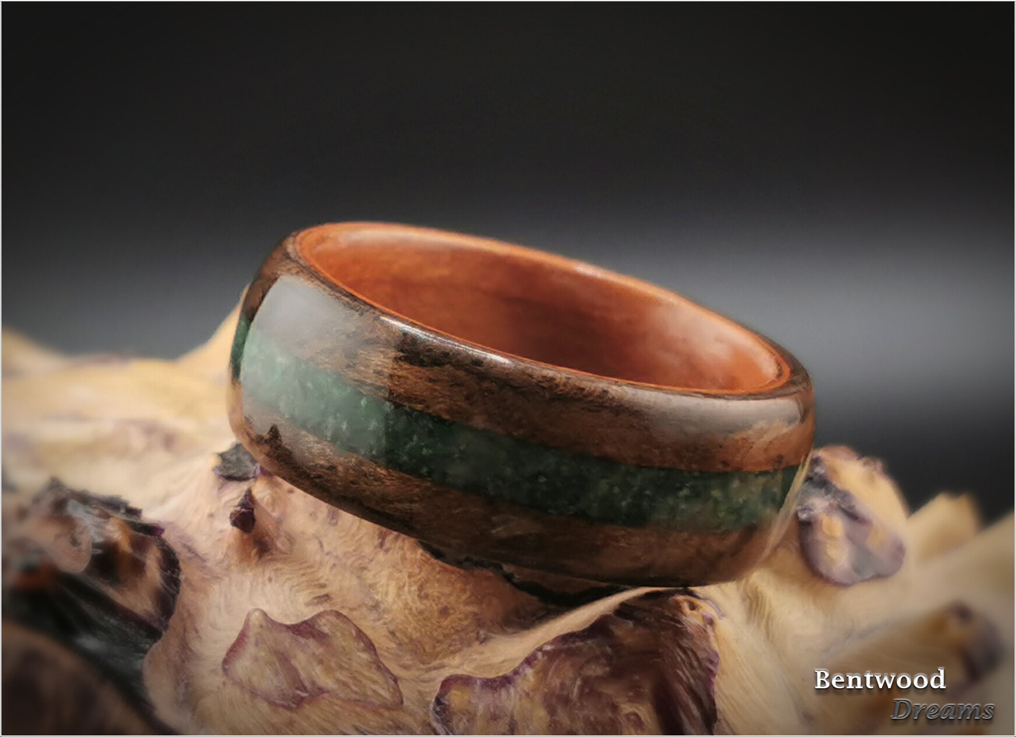 Bentwood Ring: Claro Walnut Burl Inlaid Buddstone Plum Wood - Etsy