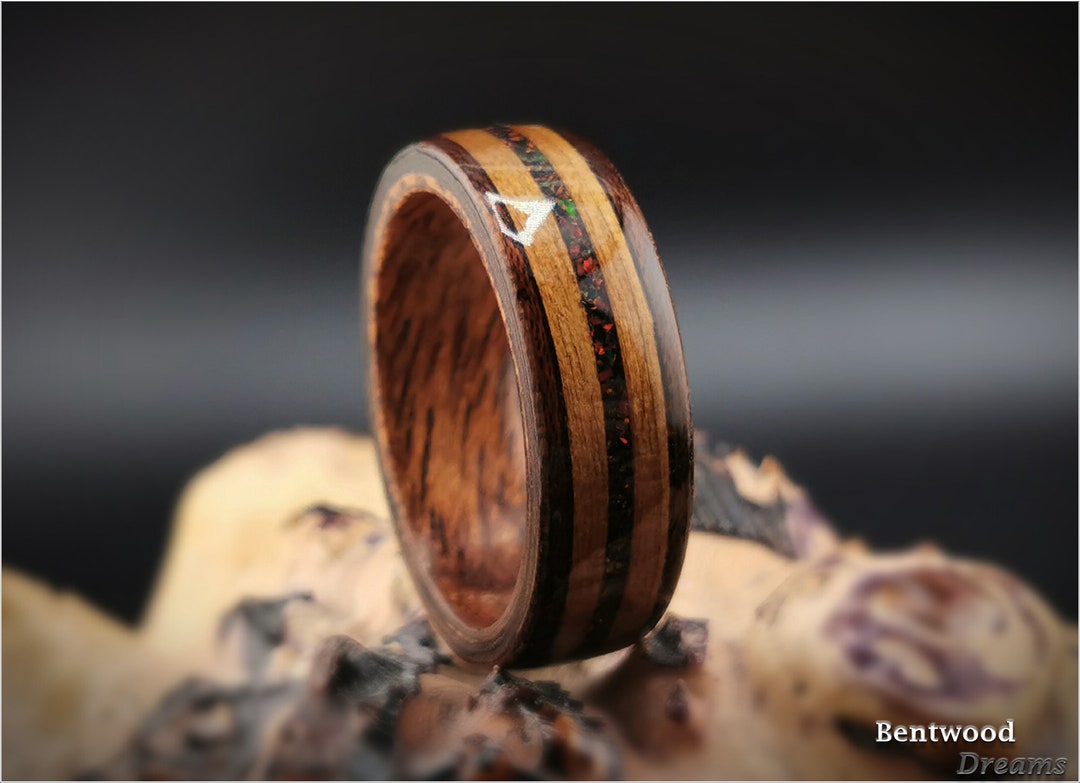 Bentwood Ring: Smoked Etimoe, Inlaid Fumed Aspen, Inlaid Lab Opal, African Raindrop Mahogany ...