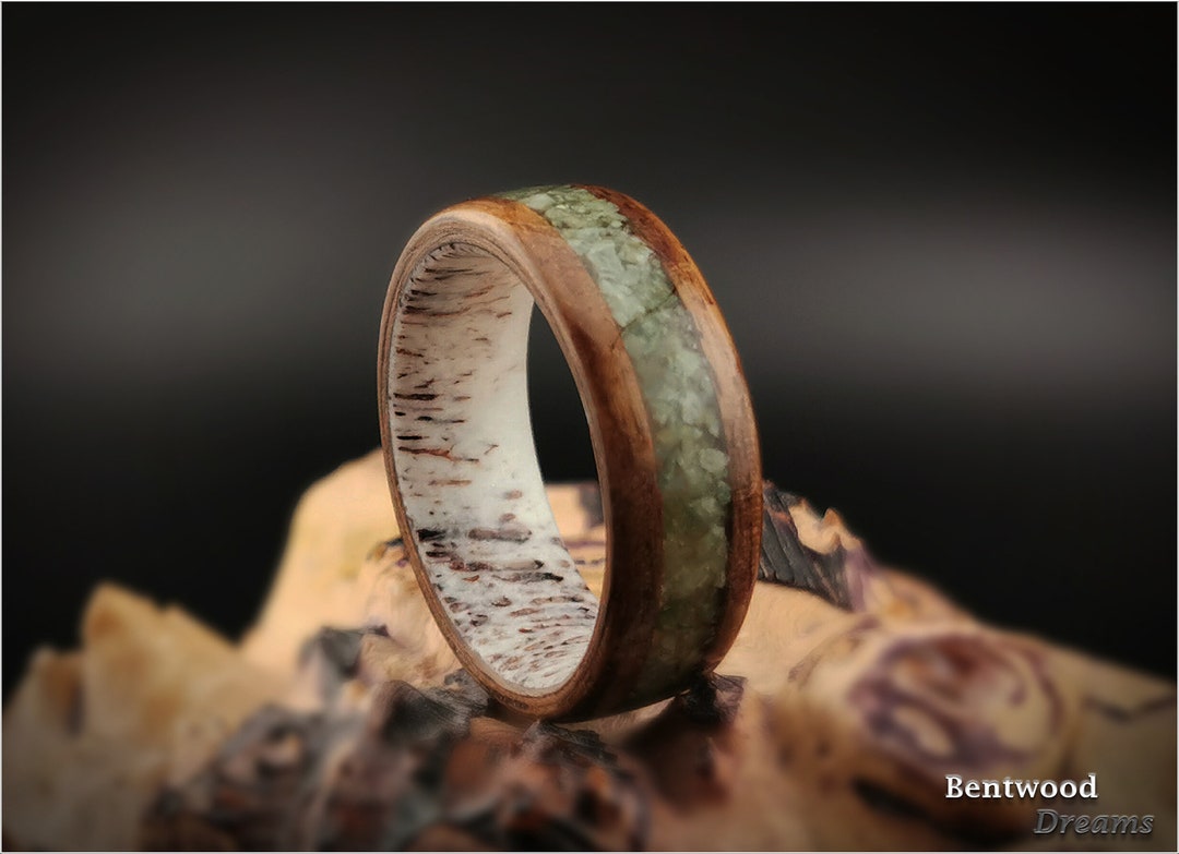 Bentwood Ring: Circassian Walnut, Inlaid Vesuvianite californite, Deer ...