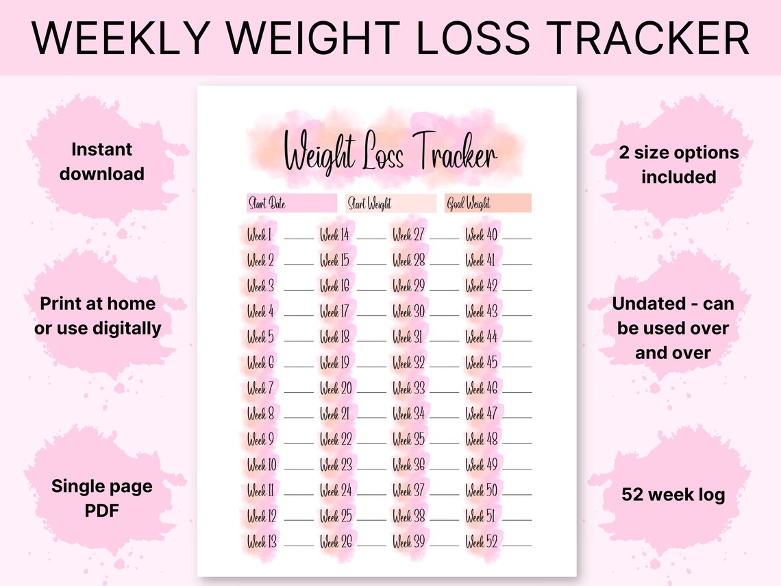 Weight Loss Tracker Printable Digital Weight Loss Journal Weekly Weigh ...