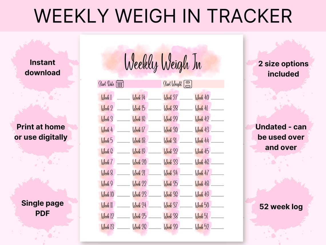 Weekly Weigh in Printable Weight Loss Tracker Template Digital Weight ...