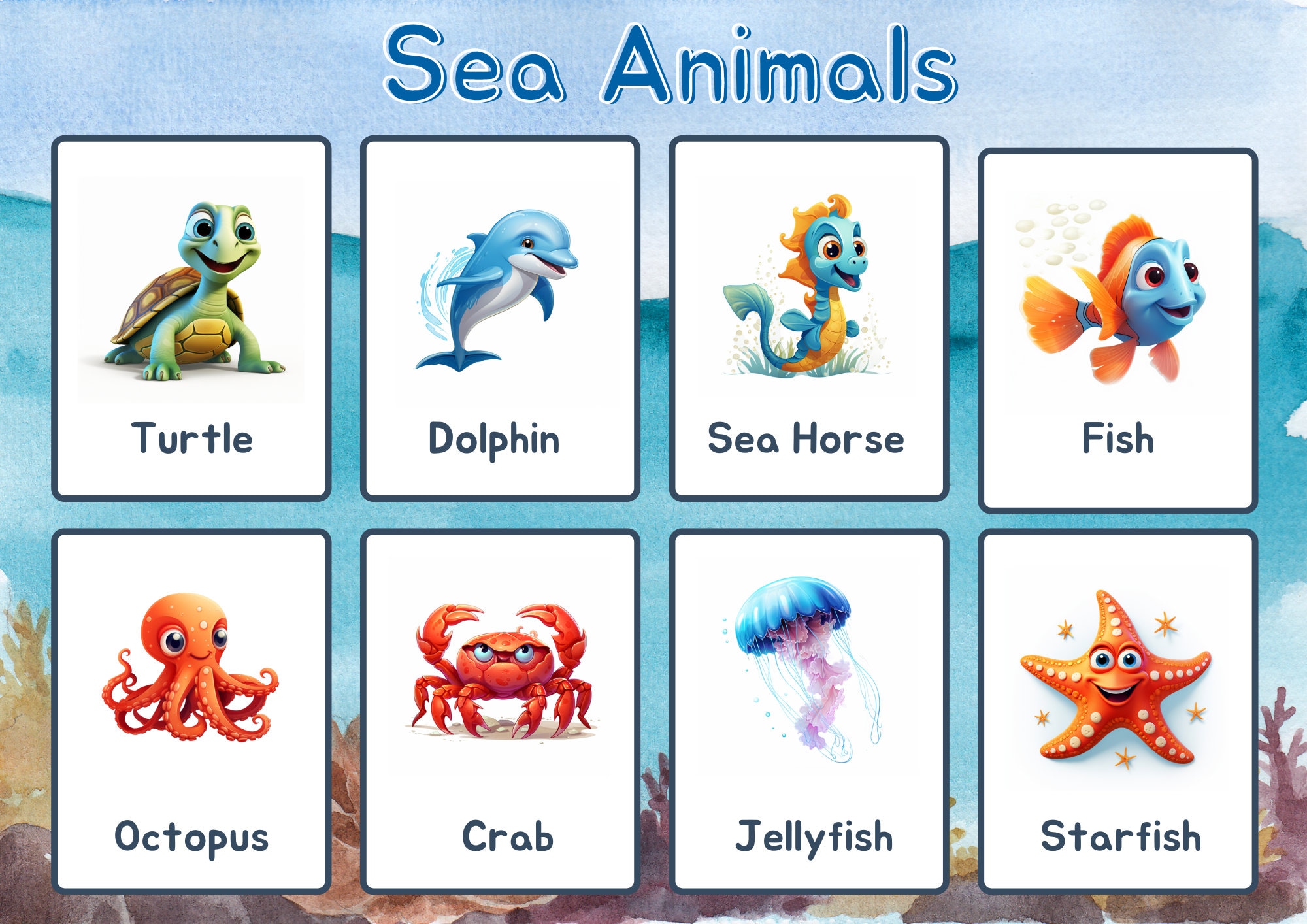 SEA ANIMALS- 12 Unique Flash Cards- Ready to Print- Pdf Printable Cards ...