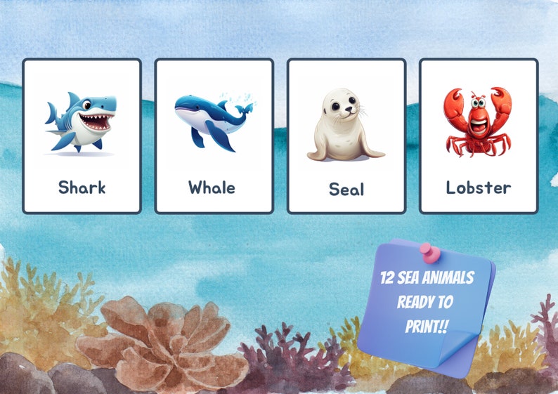 SEA ANIMALS- 12 Unique Flash Cards- Ready to Print- Pdf Printable Cards ...