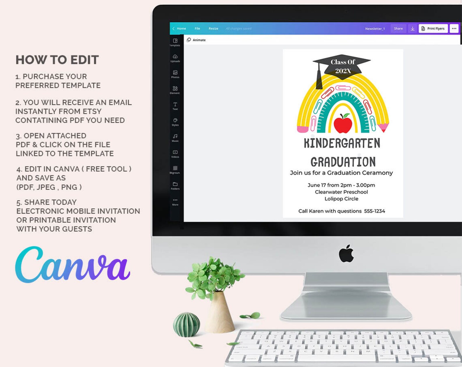 Kindergarten Graduation Invitation Editable Template, Kindergarten ...