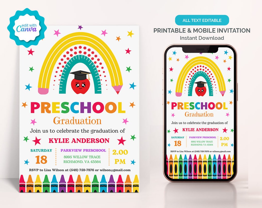 Preschool Graduation Invitation Rainbow, Prek Announcement Party Invite ...