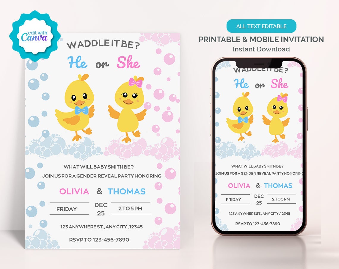 Duck Waddle It Be Gender Reveal Invitation, Waddle It Be Invitation, He ...