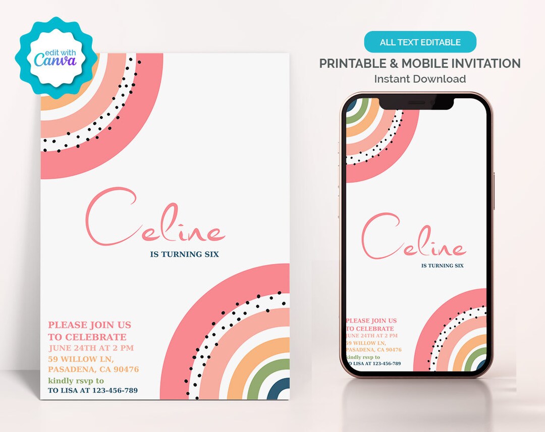 Modern Birthday Invitation for Girls, Editable Rainbow Invitation ...