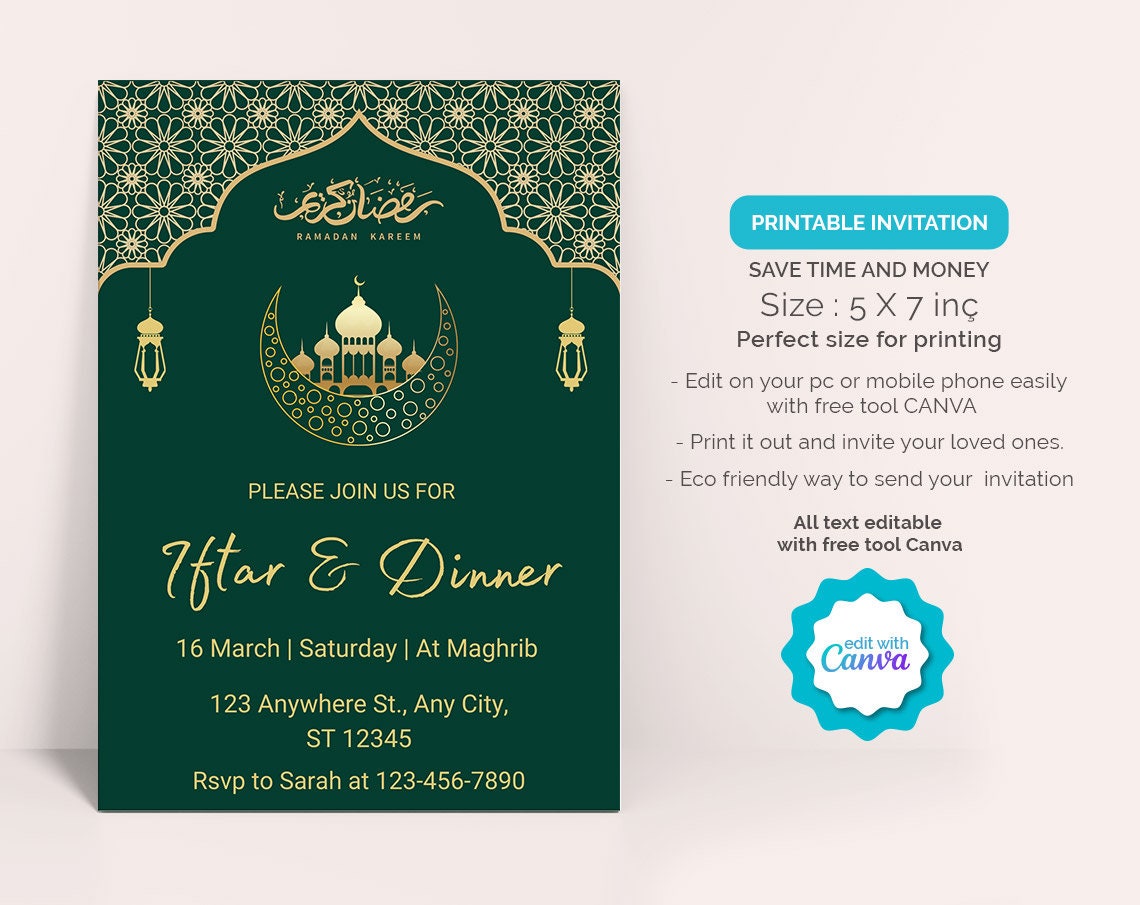 Editable Iftar Dinner Invitation, Digital or Printable Iftar Invitation ...