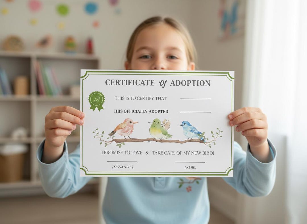 First Pet Bird Certificate for Kids, Cute Bird Adoption Gift ...