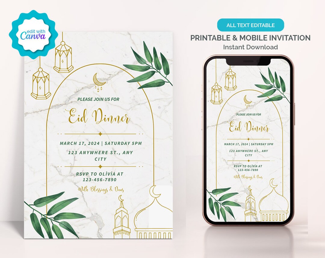 Elegant Eid Invitation, Eid Dinner Invitation, Editable Eid Party ...