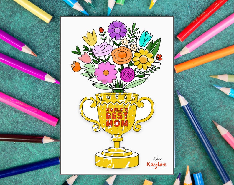 Printable Worlds Best Mom Award Bouquet Coloring Card, Mothers Day ...