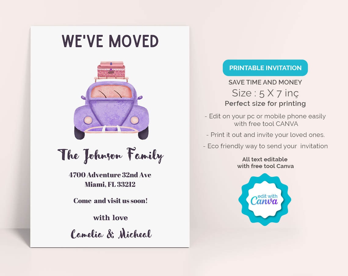 Editable Moving Anouncement Invitation, Purple Beetle Moving Invitation ...