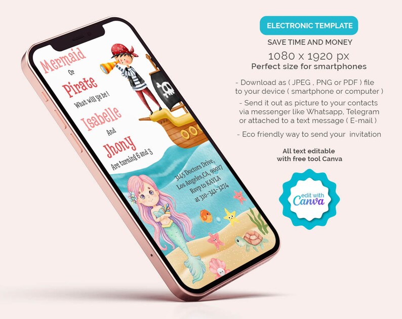 Printable Mermaid and Pirate Birthday Invitation Phone Joint - Etsy