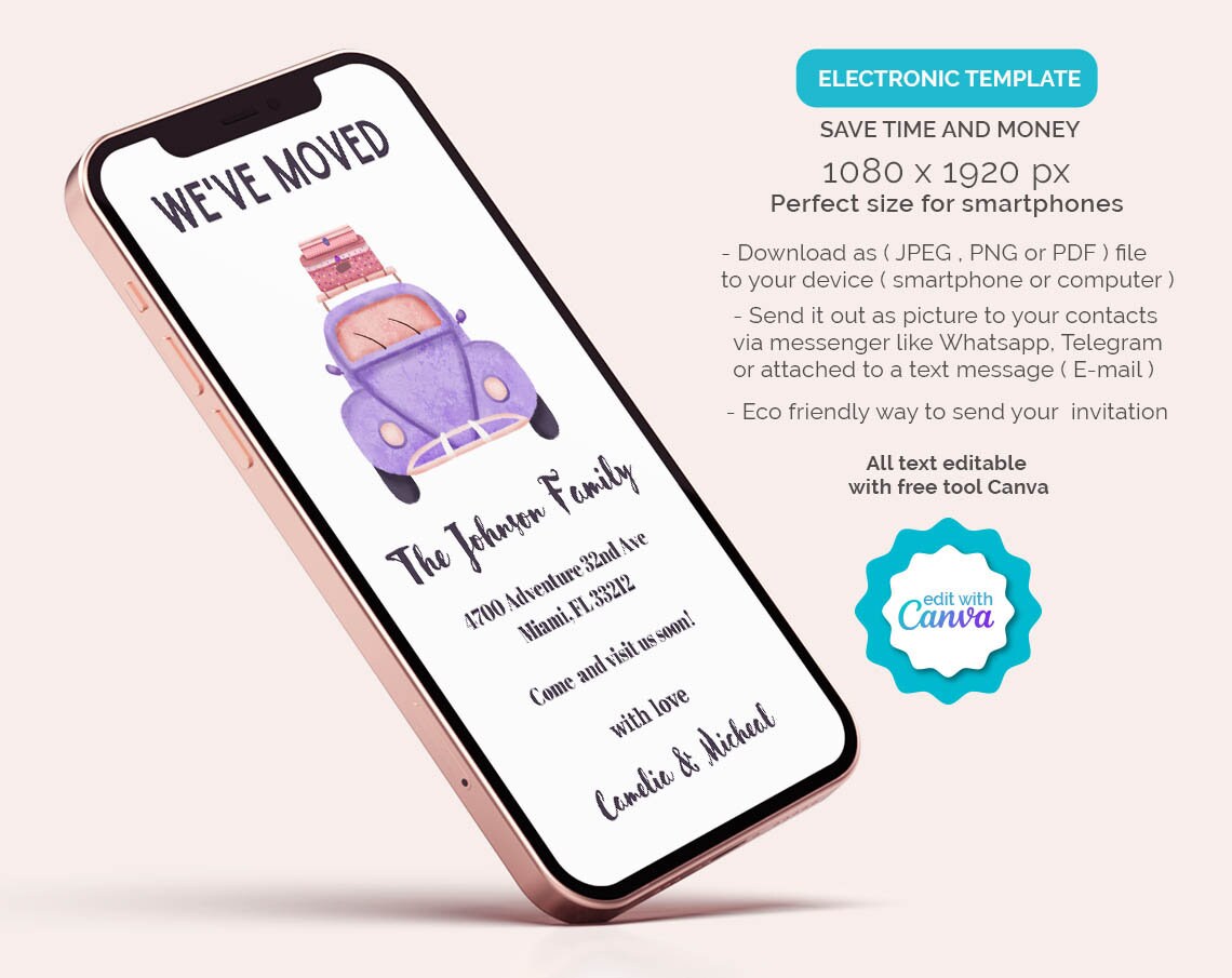 Editable Moving Anouncement Invitation, Purple Beetle Moving Invitation ...