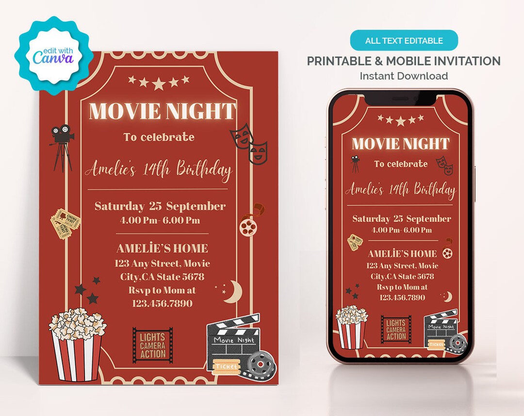 Movie Night Birthday Invitation, Digital or Printable Movies Backyard ...